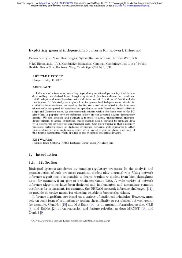 (PDF) Exploiting general independence criteria for network inference