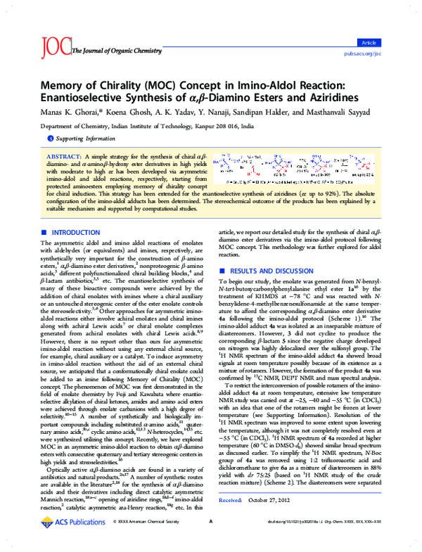 (PDF) Memory of Chirality (MOC) Concept in Imino-Aldol Reaction ...