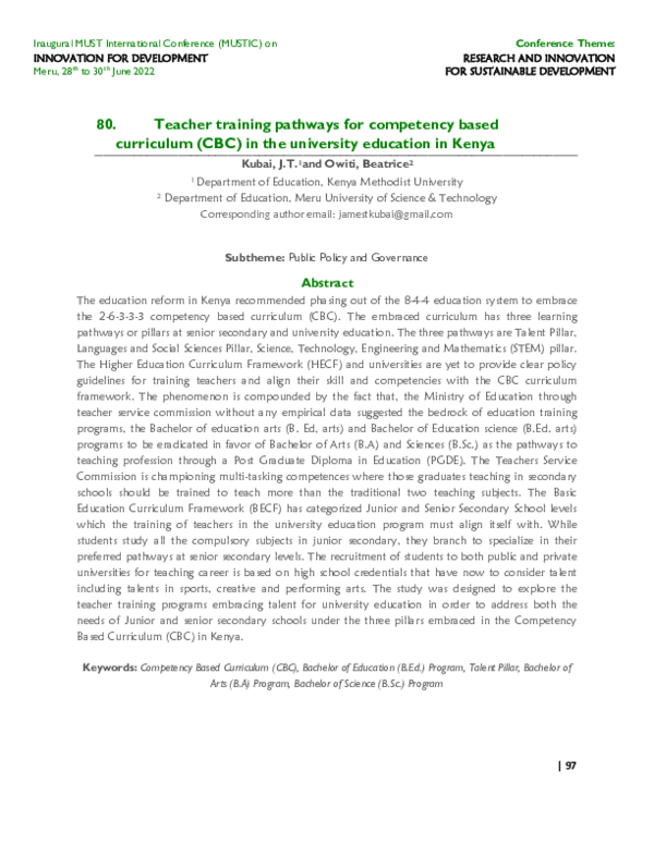 (PDF) Teacher training pathways for competency based curriculum (CBC ...