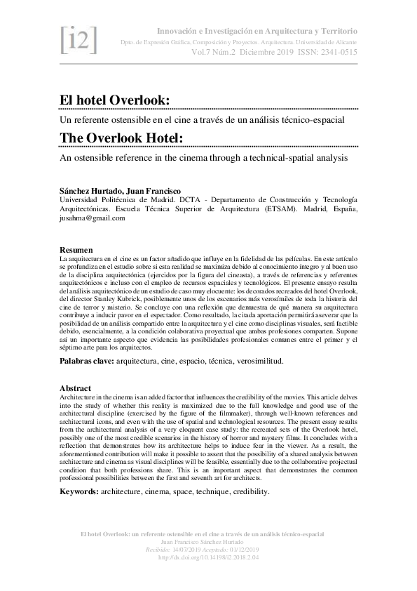 (PDF) El hotel Overlook: un referente ostensible en el cine a través de un análisis técnico ...
