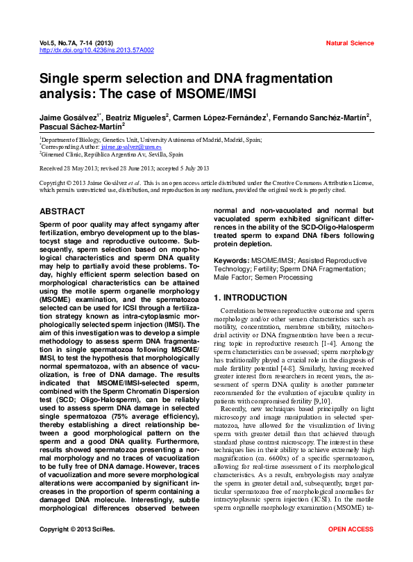 (PDF) Single sperm selection and DNA fragmentation analysis: The case ...