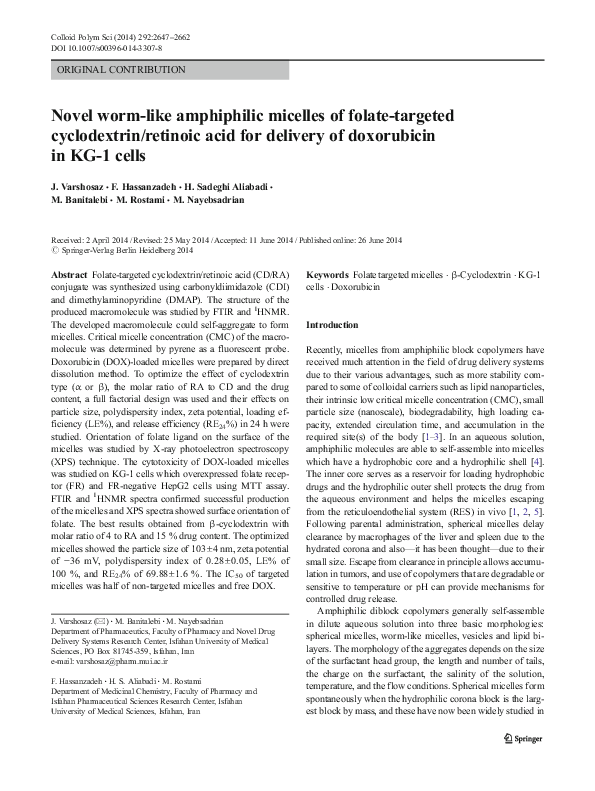 (PDF) Novel worm-like amphiphilic micelles of folate-targeted cyclodextrin/retinoic acid for ...