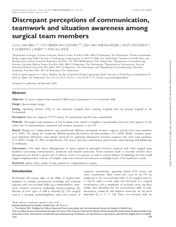 (PDF) Discrepant perceptions of communication, teamwork and situation ...