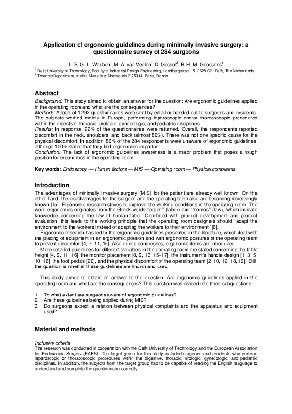 (PDF) Application of ergonomic guidelines during minimally invasive surgery: a questionnaire ...