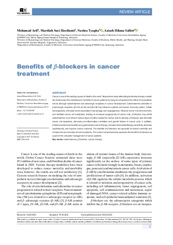 (PDF) Benefits of β-blockers in cancer treatment