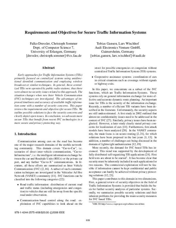 (PDF) Requirements and objectives for secure traffic information systems