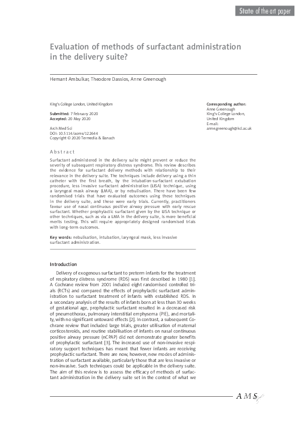 (PDF) Evaluation of methods of surfactant administration in the delivery suite?