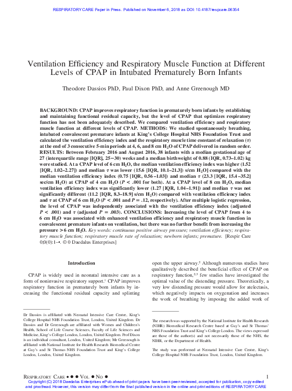 (PDF) Ventilation Efficiency and Respiratory Muscle Function at Different Levels of CPAP in ...