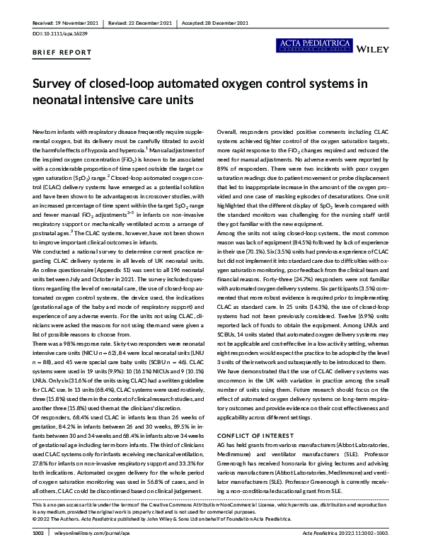 (PDF) Survey of closed‐loop automated oxygen control systems in ...