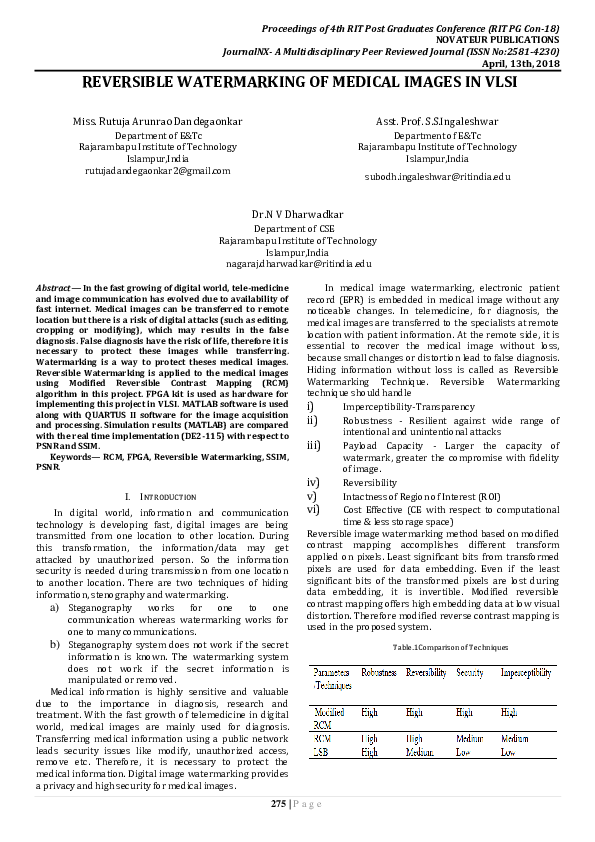 (PDF) Reversible Watermarking Of Medical Images In Vlsi | Dr. Nagaraj ...