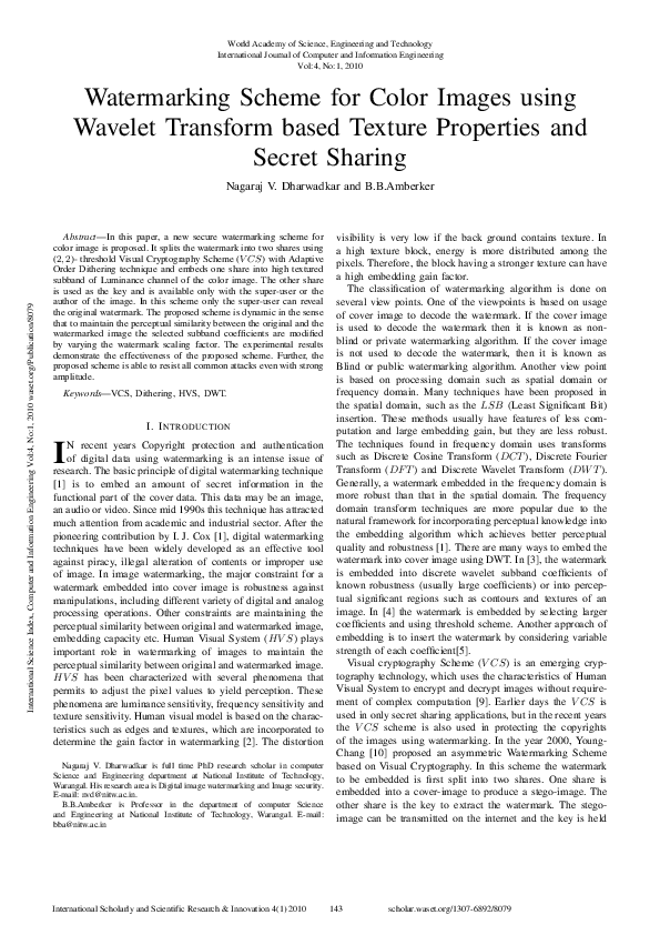 (PDF) Watermarking Scheme For Color Images Using Wavelet Transform Based Texture Properties And ...