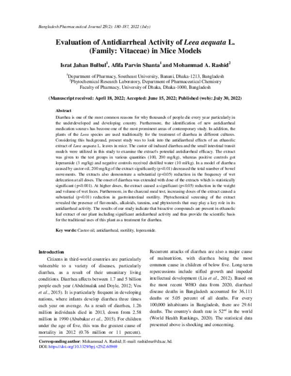 (PDF) Evaluation of Antidiarrheal Activity of Leea aequata L. (Family ...