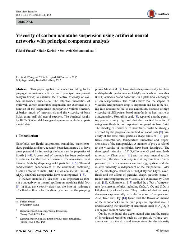 (PDF) Viscosity of carbon nanotube suspension using artificial neural networks with principal ...