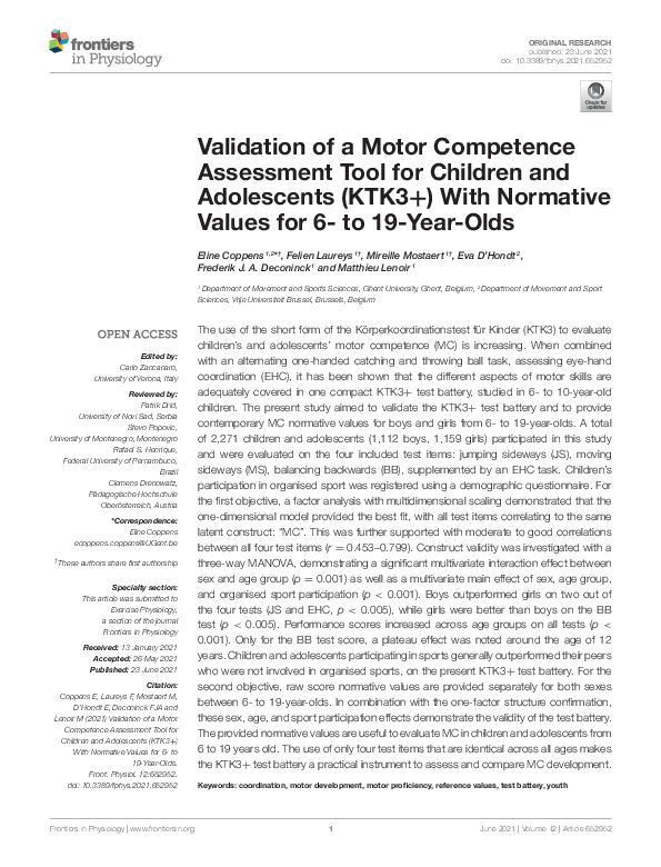 (PDF) Validation of a Motor Competence Assessment Tool for Children and Adolescents (KTK3+) With ...