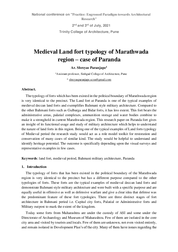 (PDF) Medieval Land fort typology of Marathwada region – case of Paranda