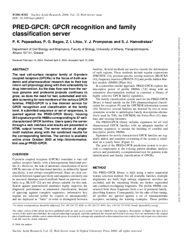 (PDF) PRED-GPCR: GPCR recognition and family classification server ...