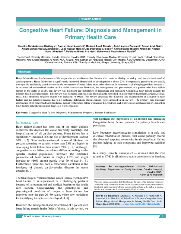 (PDF) Congestive Heart Failure: Diagnosis and Management in Primary Health Care