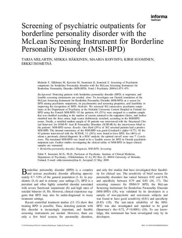 (PDF) Screening of psychiatric outpatients for borderline personality ...