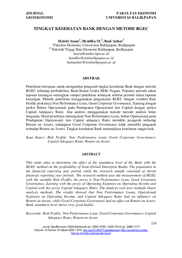 (PDF) Tingkat Kesehatan Bank Dengan Metode Rgec