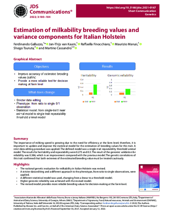 (PDF) Estimation of milkability breeding values and variance components for Italian Holstein