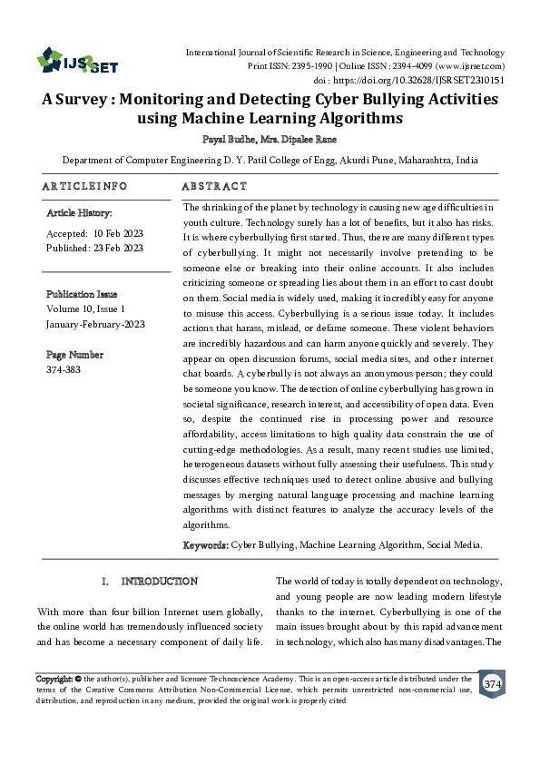 (PDF) A Survey on Monitoring and Detecting Cyber Bullying Activities using Machine Learning ...