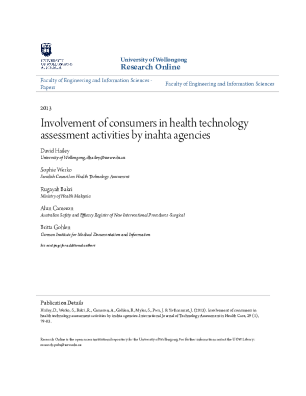 (PDF) Involvement of Consumers in Health Technology Assessment ...