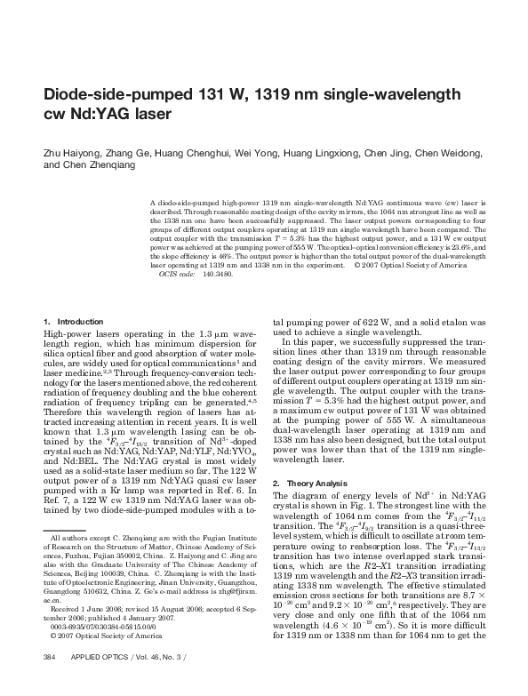 (PDF) Diode-side-pumped 131 W, 1319 nm single-wavelength cw Nd:YAG laser