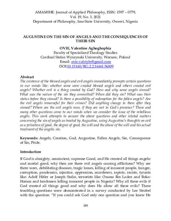 (PDF) AUGUSTINE ON THE SIN OF ANGELS AND THE CONSEQUENCES OF THEIR SIN