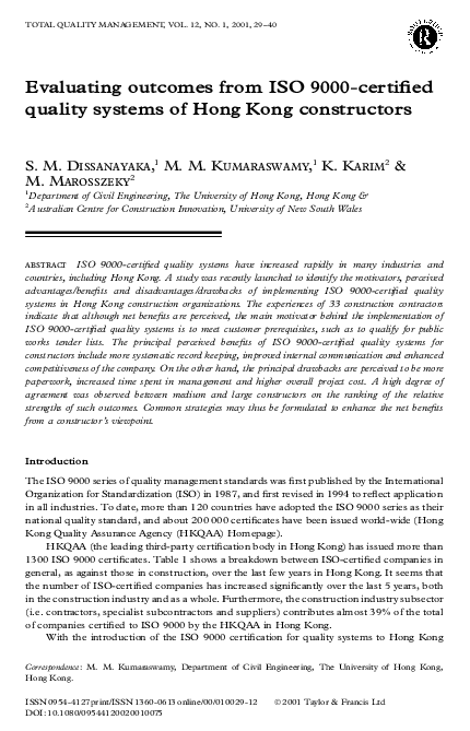 (PDF) Evaluating outcomes from ISO 9000-certified quality systems of ...