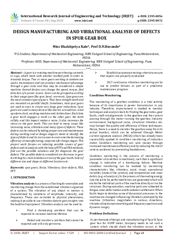 (PDF) Design Manufacturing and Vibrational Analysis of Defects in Spur Gear Box