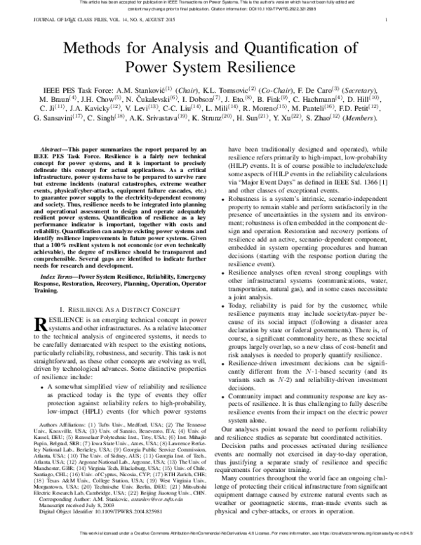 (PDF) Methods for Analysis and Quantification of Power System Resilience