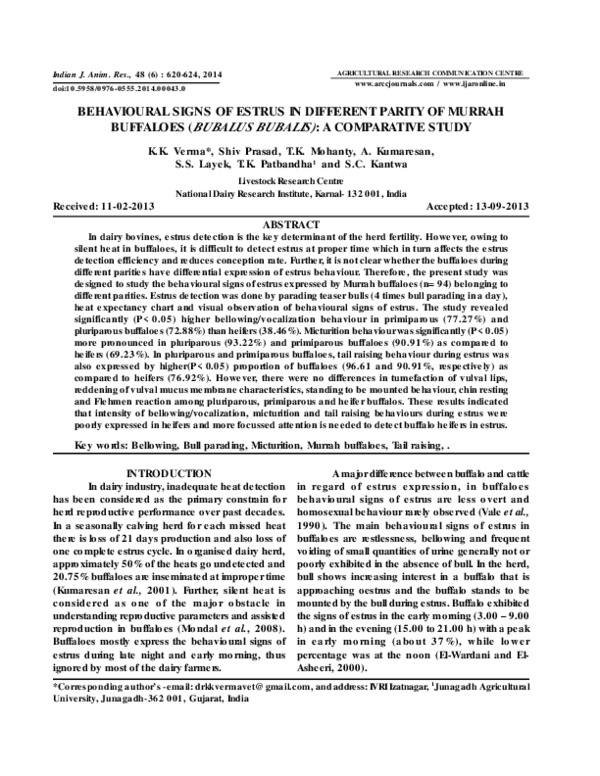 (PDF) Behavioural signs of estrus in different parity of murrah buffaloes (Bubalus bubalis): a ...