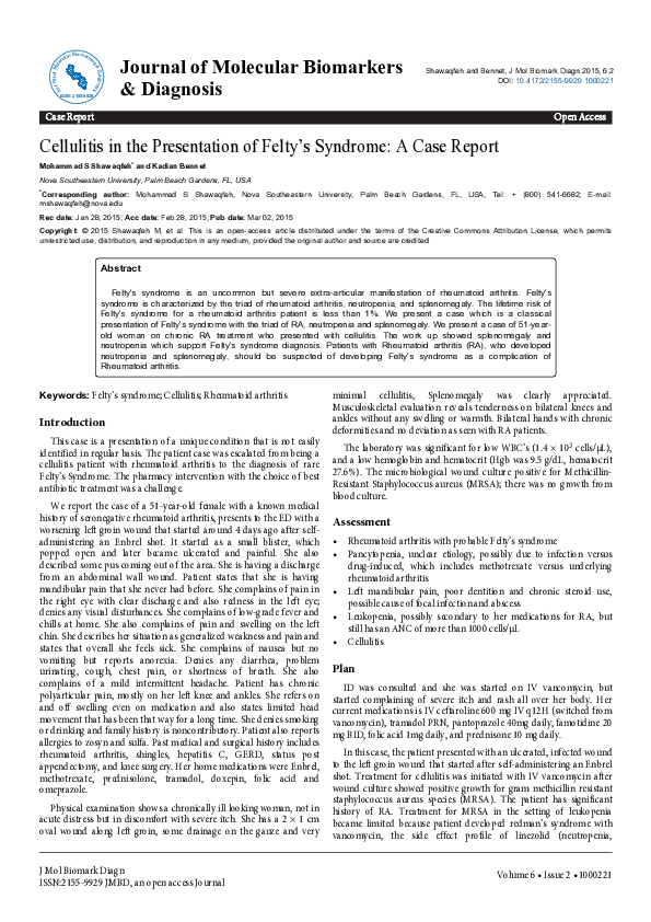 (PDF) Cellulitis in the Presentation of Felty's Syndrome: A Case Report