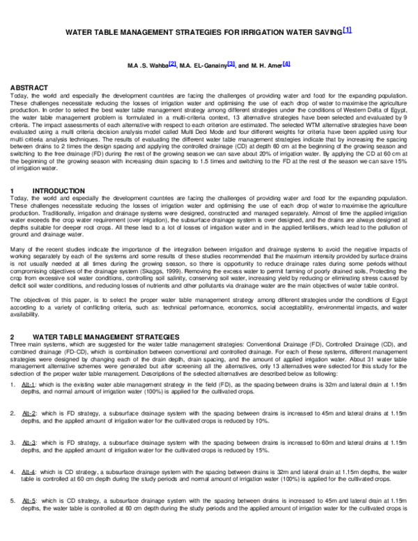 (PDF) Water table management strategies for irrigation water saving