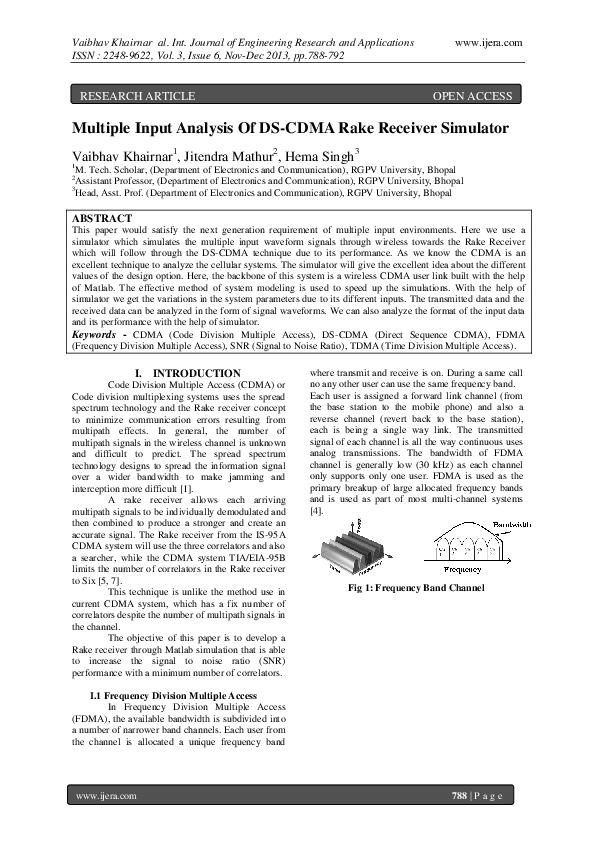 Pdf Multiple Input Analysis Of Ds Cdma Rake Receiver Simulator