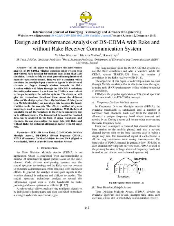 Pdf Design And Performance Analysis Of Ds Cdma With Rake And Without