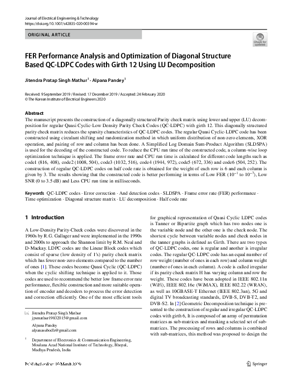 (PDF) Optimization of QC-LDPC Codes via LU Decomposition