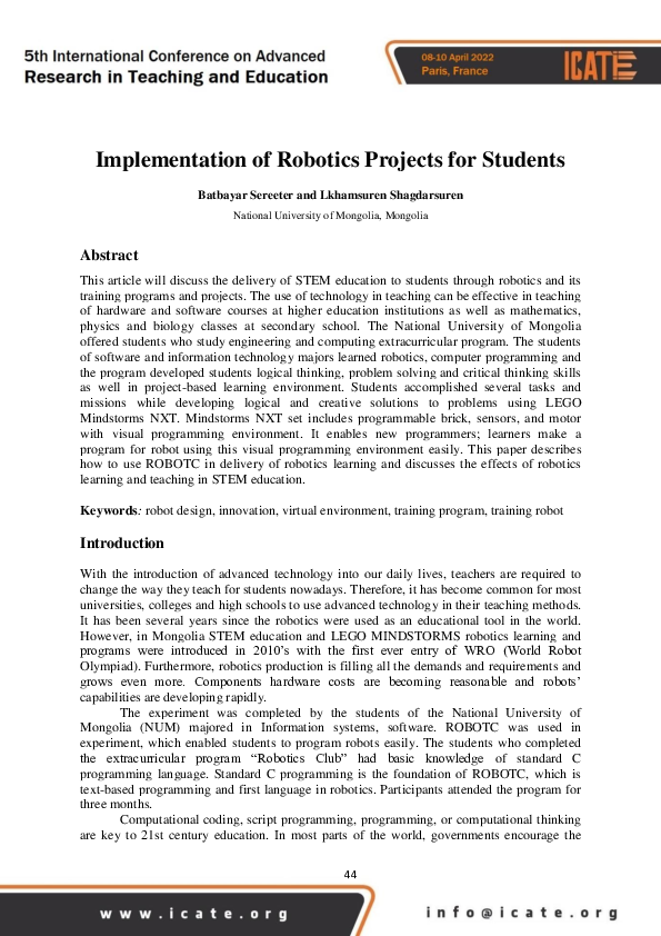 (PDF) Implementation of Robotics Projects for Students