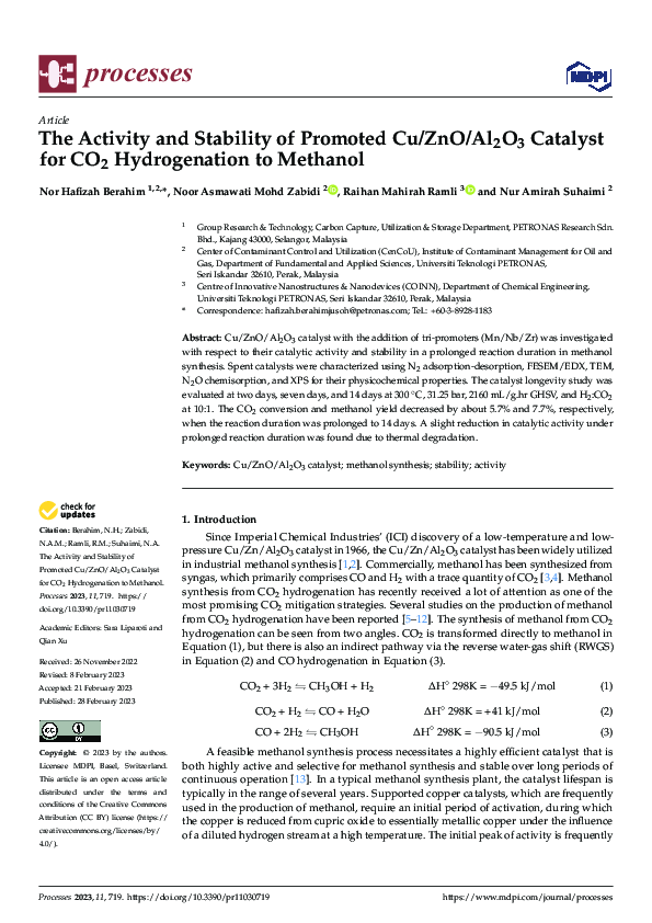 (PDF) The Activity and Stability of Promoted Cu/ZnO/Al2O3 Catalyst for CO2 Hydrogenation to Methanol