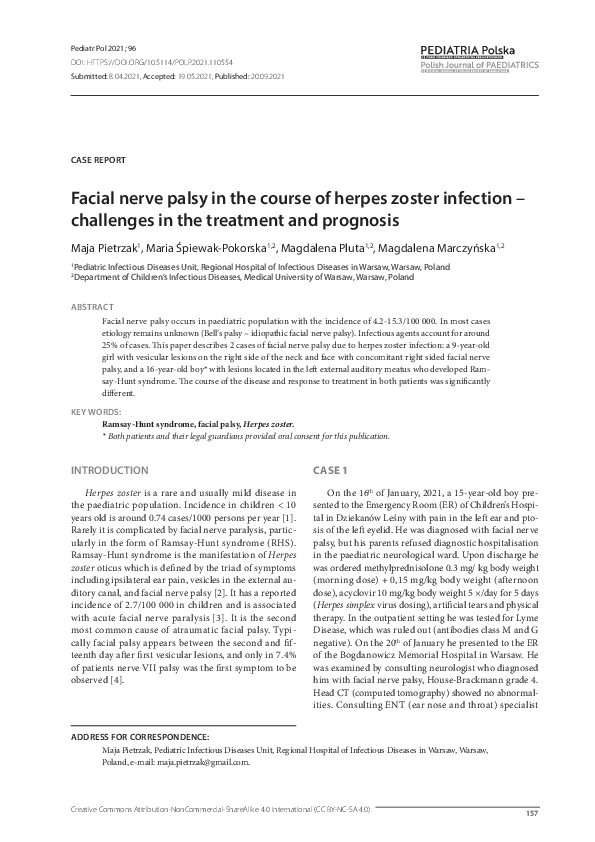 (PDF) Facial nerve palsy in the course of herpes zoster infection ...