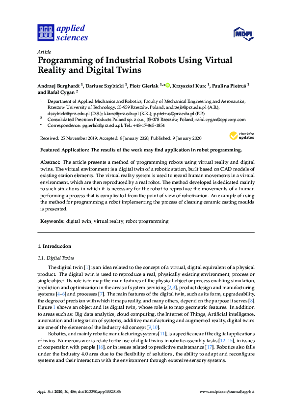 (PDF) Programming of Industrial Robots Using Virtual Reality and Digital Twins