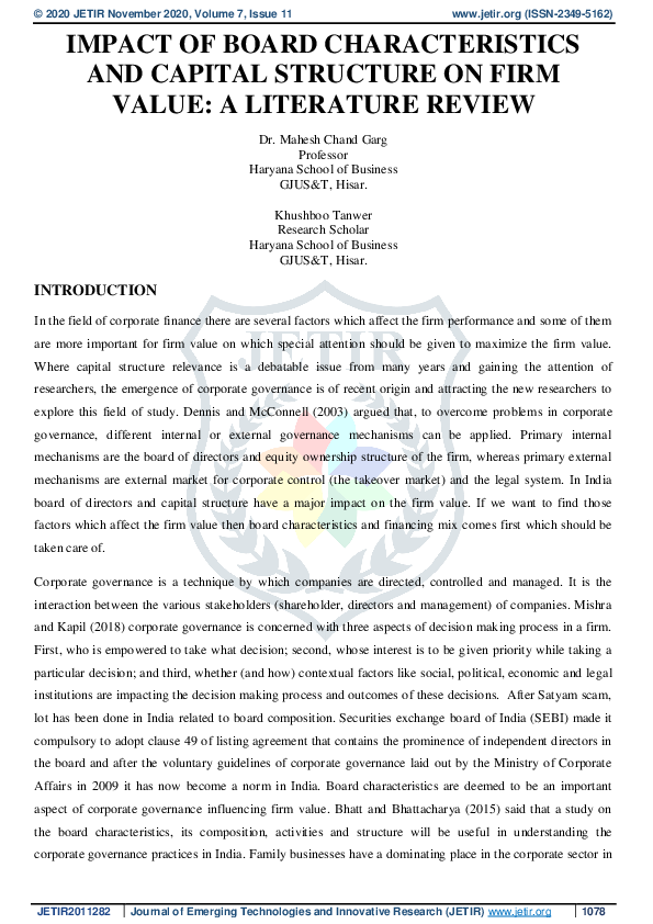 (PDF) Impact of Board Characteristics and Capital Structure on Firm Value: A Literature Review
