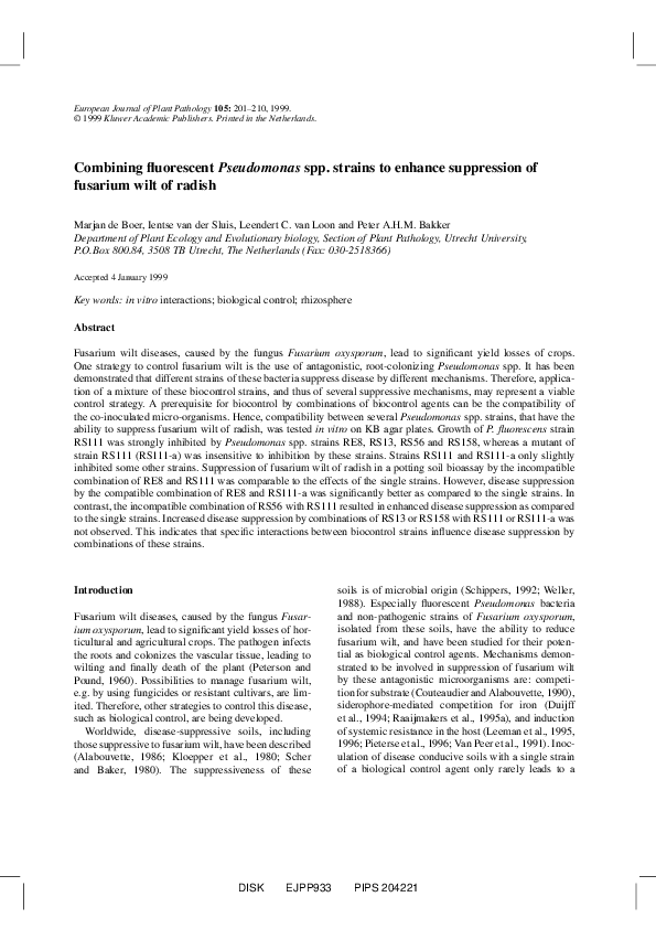 Pdf Combining Fluorescent Pseudomonas Spp Strains To Enhance Suppression Of Fusarium Wilt Of