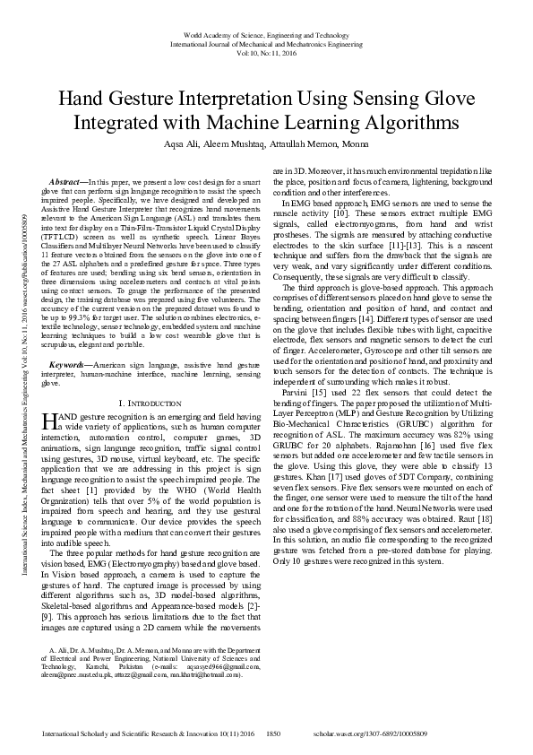 (PDF) Hand Gesture Interpretation Using Sensing Glove Integrated With Machine Learning Algorithms