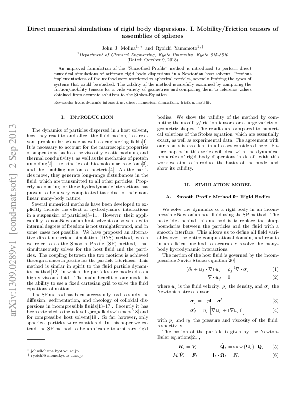 (PDF) Direct numerical simulations of rigid body dispersions. I. Mobility/friction tensors of ...