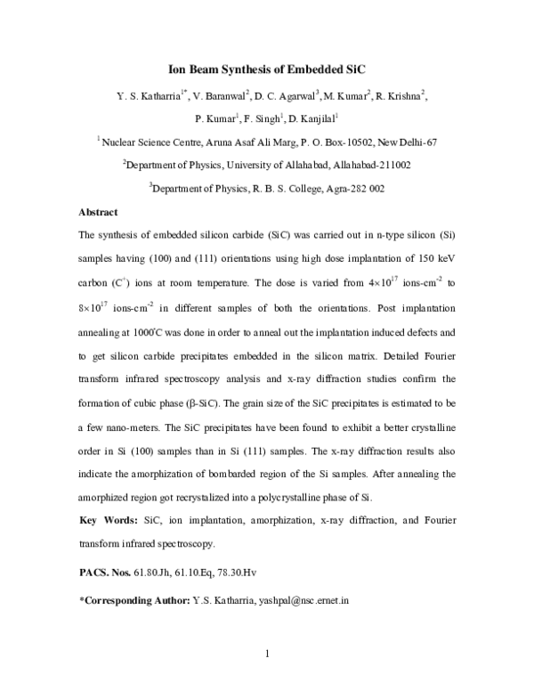 Pdf Ion Beam Synthesis Of Embedded Sic Dinakar Kanjilal