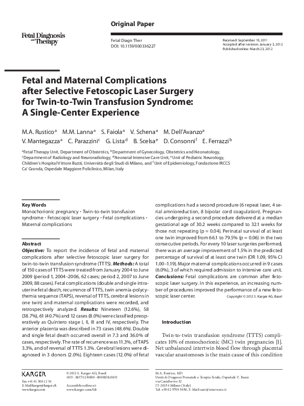 (PDF) Maternal and Fetal Outcomes Post Fetoscopic Surgery