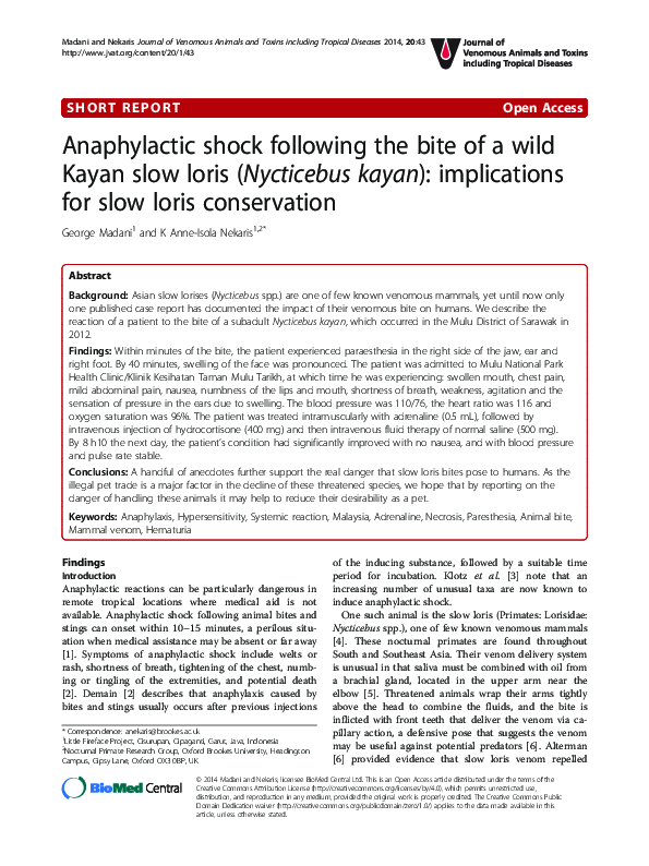 (PDF) Anaphylactic shock following the bite of a wild Kayan slow loris ...