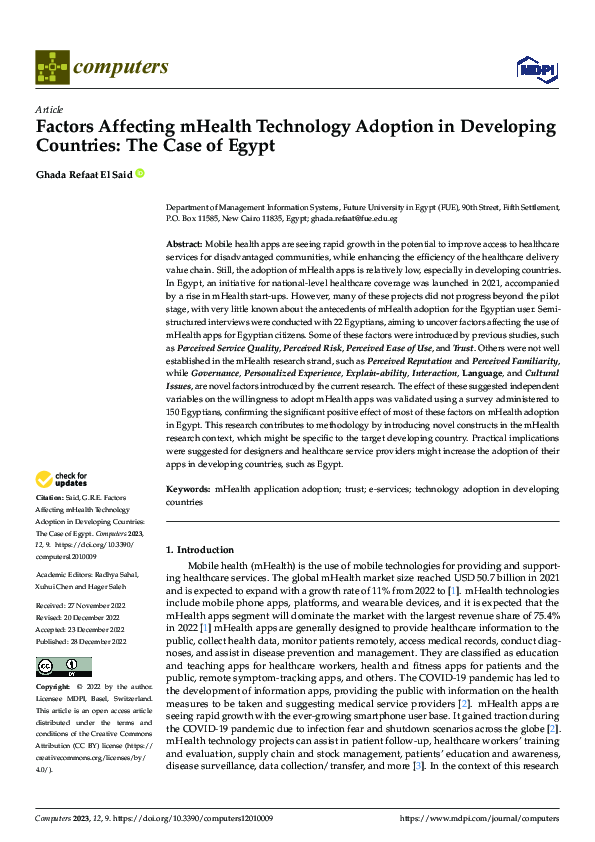 (PDF) Factors Affecting mHealth Technology Adoption in Developing ...