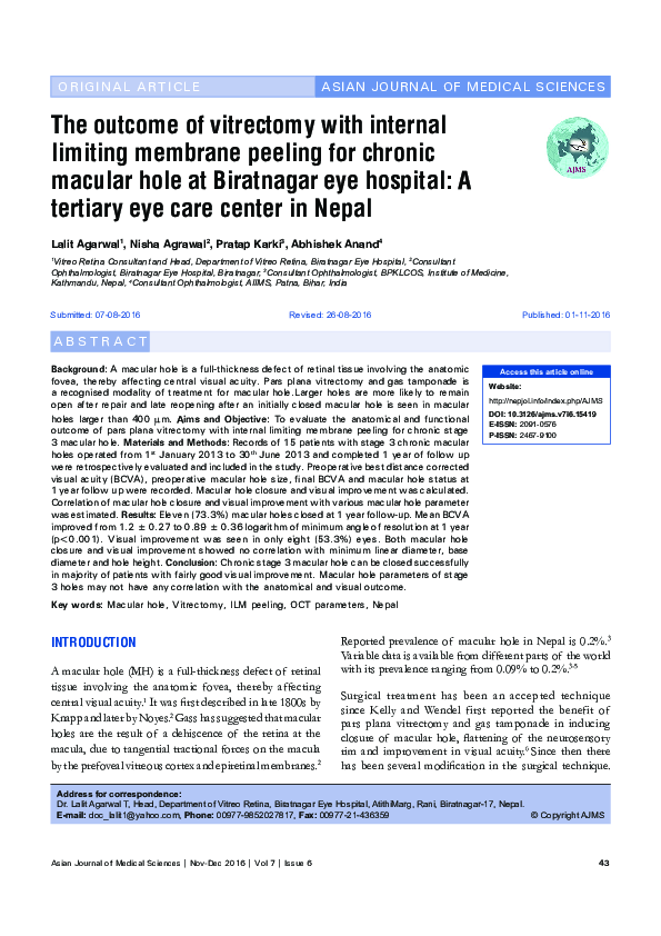(PDF) The outcome of vitrectomy with internal limiting membrane peeling for chronic macular hole ...